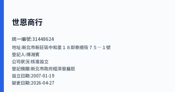 世恩商行的照片-統編 31448624(新北市) 公司登記資料與營業項目詳細圖表