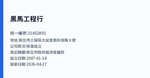 黑馬工程行的照片-統編 31452801(新北市) 公司登記資料與營業項目詳細圖表