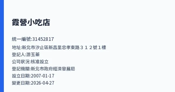 霞營小吃店的照片-統編 31452817(新北市) 公司登記資料與營業項目詳細圖表