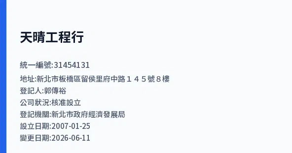 天晴工程行的照片-統編 31454131(新北市) 公司登記資料與營業項目詳細圖表