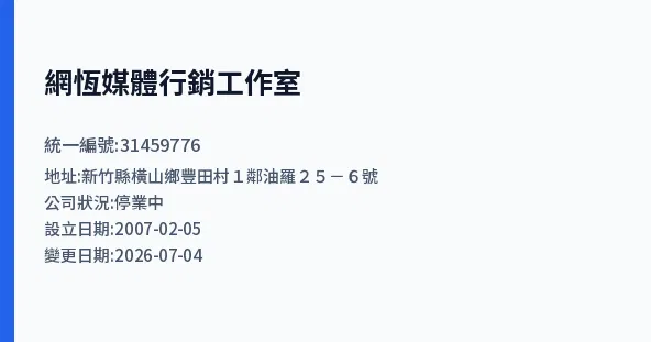 網恆媒體行銷工作室的照片-統編 31459776(新竹縣) 公司登記資料與營業項目詳細圖表
