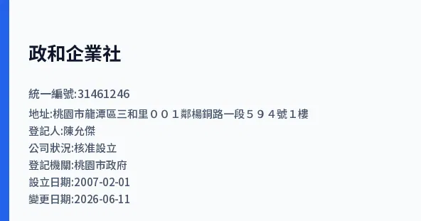 政和企業社的照片-統編 31461246(桃園市) 公司登記資料與營業項目詳細圖表