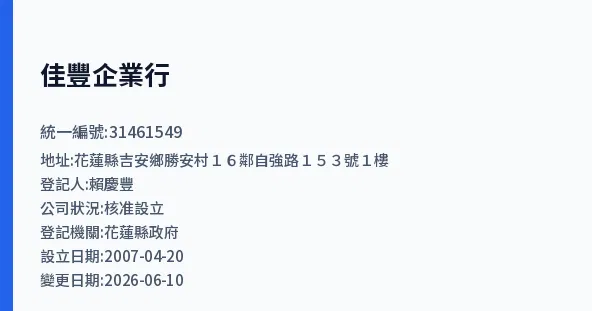 佳豐企業行的照片-統編 31461549(花蓮縣) 公司登記資料與營業項目詳細圖表