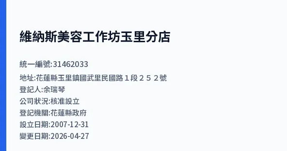 維納斯美容工作坊玉里分店的照片-統編 31462033(花蓮縣) 公司登記資料與營業項目詳細圖表