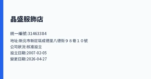 晶盛服飾店的照片-統編 31463384(新北市) 公司登記資料與營業項目詳細圖表