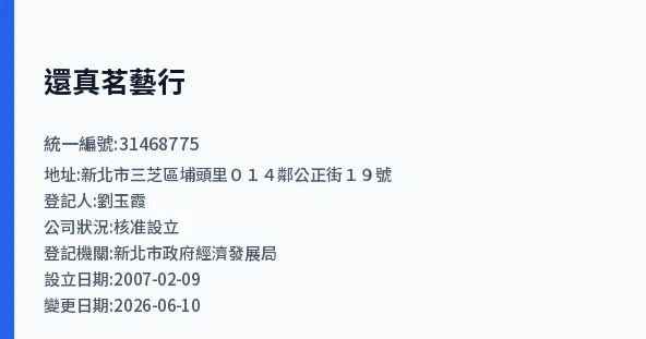 還真茗藝行的照片-統編 31468775(新北市) 公司登記資料與營業項目詳細圖表