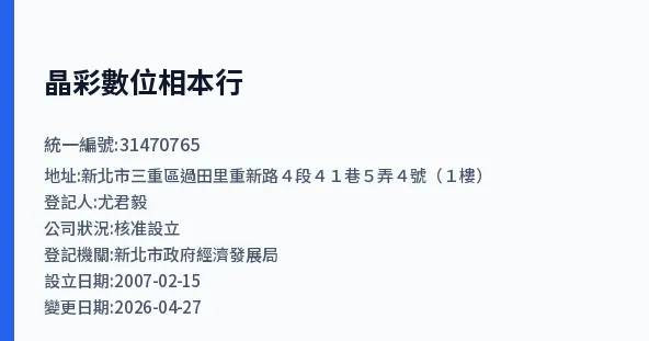 晶彩數位相本行的照片-統編 31470765(新北市) 公司登記資料與營業項目詳細圖表