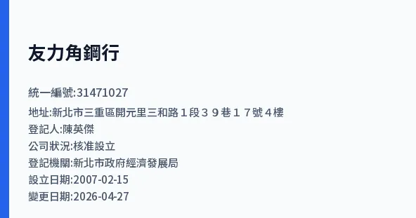 友力角鋼行的照片-統編 31471027(新北市) 公司登記資料與營業項目詳細圖表