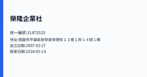 榮隆企業社的照片-統編 31472525(桃園市) 公司登記資料與營業項目詳細圖表
