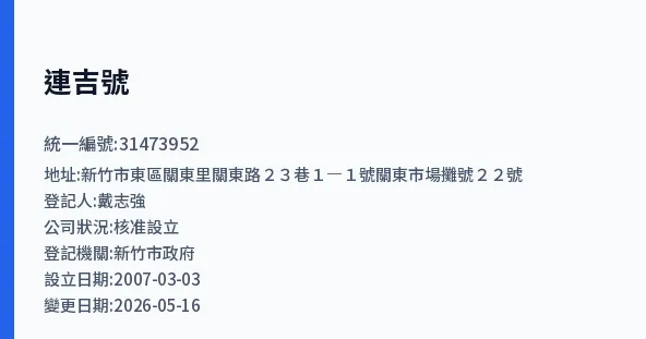 連吉號的照片-統編 31473952(新竹市) 公司登記資料與營業項目詳細圖表
