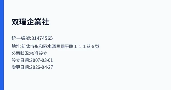 双瑞企業社的照片-統編 31474565(新北市) 公司登記資料與營業項目詳細圖表