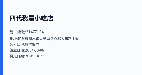 四代務農小吃店的照片-統編 31477134(花蓮縣) 公司登記資料與營業項目詳細圖表