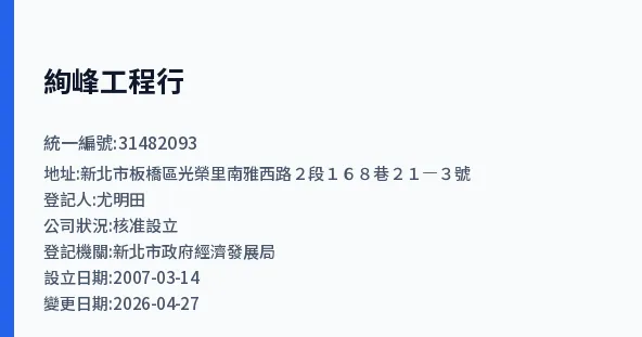 絢峰工程行的照片-統編 31482093(新北市) 公司登記資料與營業項目詳細圖表