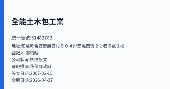全能土木包工業的照片-統編 31482782(花蓮縣) 公司登記資料與營業項目詳細圖表