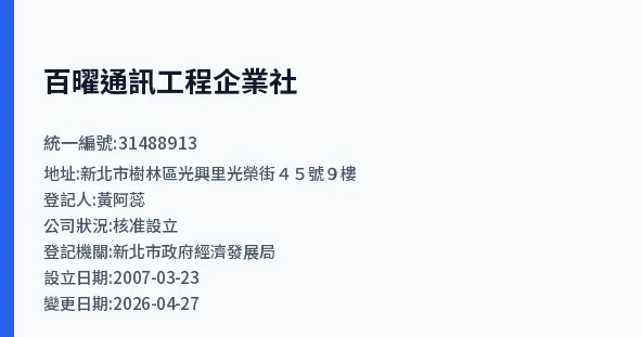 百曜通訊工程企業社的照片-統編 31488913(新北市) 公司登記資料與營業項目詳細圖表