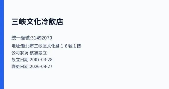 三峽文化冷飲店的照片-統編 31492070(新北市) 公司登記資料與營業項目詳細圖表