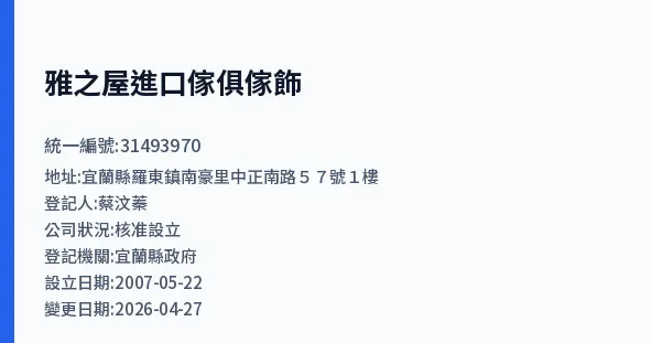 雅之屋進口傢俱傢飾的照片-統編 31493970(宜蘭縣) 公司登記資料與營業項目詳細圖表
