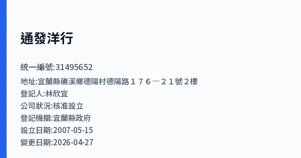 通發洋行的照片-統編 31495652(宜蘭縣) 公司登記資料與營業項目詳細圖表