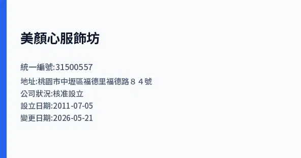 美顏心服飾坊的照片-統編 31500557(桃園市) 公司登記資料與營業項目詳細圖表