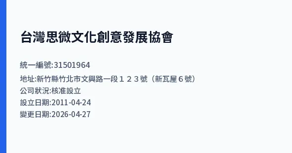 台灣思微文化創意發展協會的照片-統編 31501964(新竹縣) 公司登記資料與營業項目詳細圖表