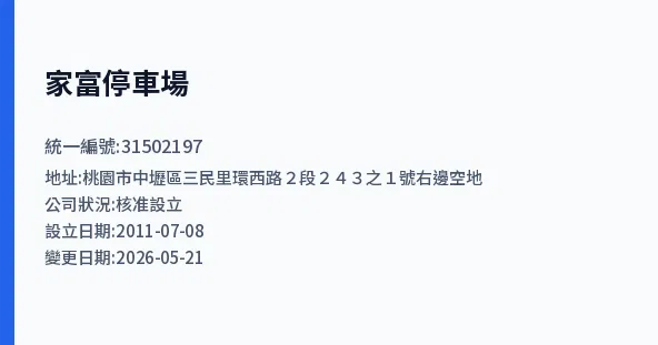 家富停車場的照片-統編 31502197(桃園市) 公司登記資料與營業項目詳細圖表