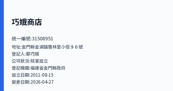 巧娥商店的照片-統編 31508951(金門縣) 公司登記資料與營業項目詳細圖表