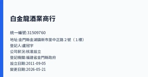 白金龍酒業商行的照片-統編 31509760(金門縣) 公司登記資料與營業項目詳細圖表