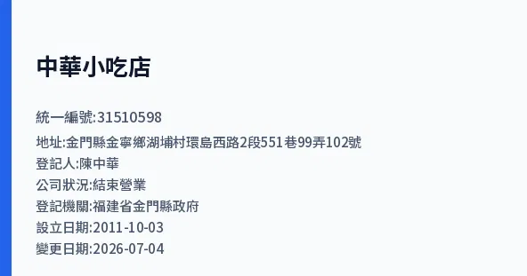 中華小吃店的照片-統編 31510598(金門縣) 公司登記資料與營業項目詳細圖表