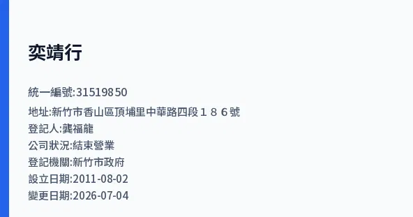 奕靖行的照片-統編 31519850(新竹市) 公司登記資料與營業項目詳細圖表