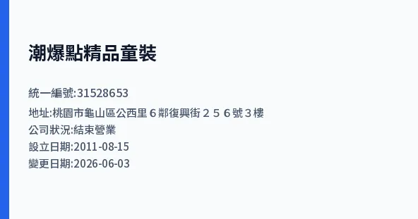 潮爆點精品童裝的照片-統編 31528653(桃園市) 公司登記資料與營業項目詳細圖表