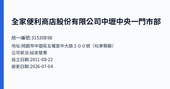 全家便利商店股份有限公司中壢中央一門市部的照片-統編 31530898(桃園市) 公司登記資料與營業項目詳細圖表
