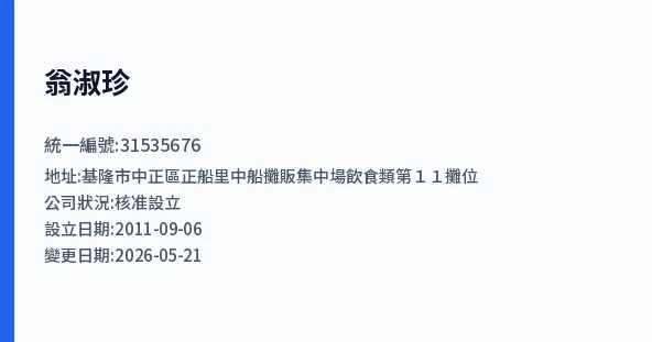 翁淑珍的照片-統編 31535676(基隆市) 公司登記資料與營業項目詳細圖表