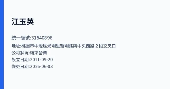 江玉英的照片-統編 31540896(桃園市) 公司登記資料與營業項目詳細圖表