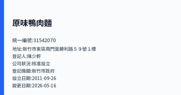 原味鴨肉麵的照片-統編 31542070(新竹市) 公司登記資料與營業項目詳細圖表