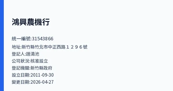 鴻興農機行的照片-統編 31543866(新竹縣) 公司登記資料與營業項目詳細圖表