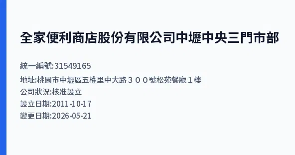 全家便利商店股份有限公司中壢中央三門市部的照片-統編 31549165(桃園市) 公司登記資料與營業項目詳細圖表