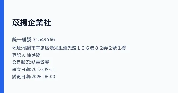 苡揚企業社的照片-統編 31549566(桃園市) 公司登記資料與營業項目詳細圖表