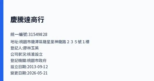慶騰達商行的照片-統編 31549828(桃園市) 公司登記資料與營業項目詳細圖表