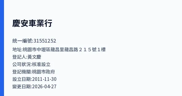 慶安車業行的照片-統編 31551252(桃園市) 公司登記資料與營業項目詳細圖表