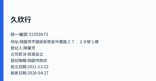 久欣行的照片-統編 31553673(桃園市) 公司登記資料與營業項目詳細圖表