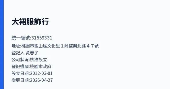 大裙服飾行的照片-統編 31559331(桃園市) 公司登記資料與營業項目詳細圖表