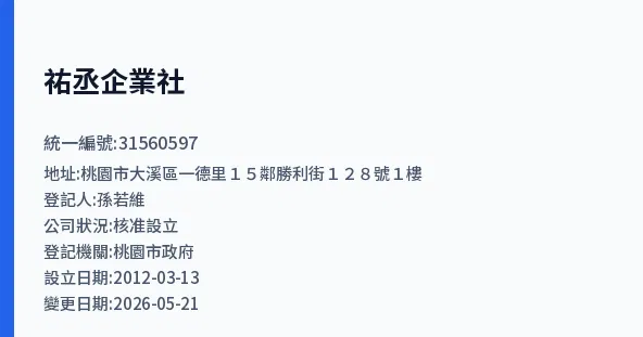 祐丞企業社的照片-統編 31560597(桃園市) 公司登記資料與營業項目詳細圖表