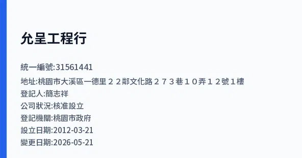 允呈工程行的照片-統編 31561441(桃園市) 公司登記資料與營業項目詳細圖表