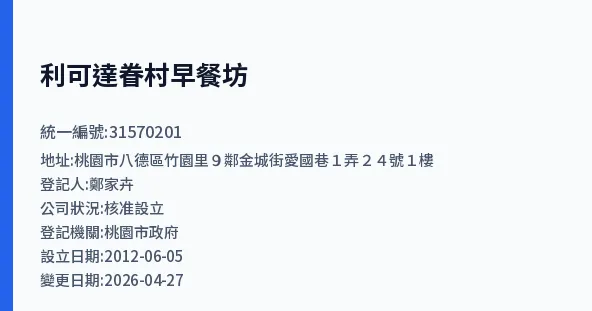 利可達眷村早餐坊的照片-統編 31570201(桃園市) 公司登記資料與營業項目詳細圖表