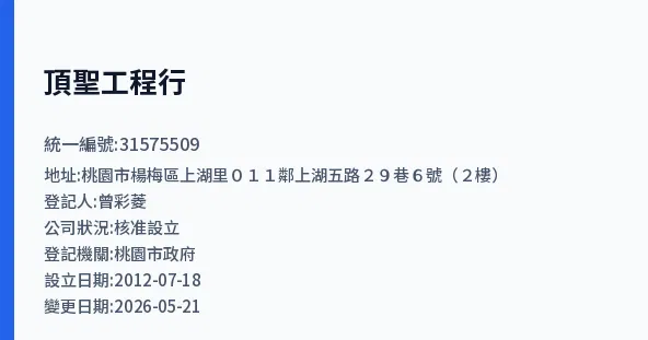 頂聖工程行的照片-統編 31575509(桃園市) 公司登記資料與營業項目詳細圖表