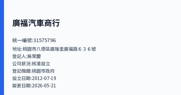 廣福汽車商行的照片-統編 31575796(桃園市) 公司登記資料與營業項目詳細圖表
