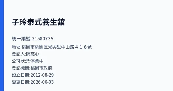 子玲泰式養生舘的照片-統編 31580735(桃園市) 公司登記資料與營業項目詳細圖表