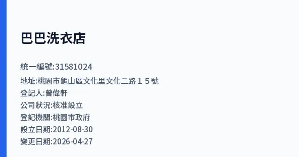 巴巴洗衣店的照片-統編 31581024(桃園市) 公司登記資料與營業項目詳細圖表