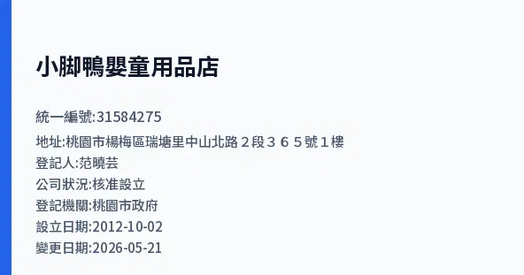 小脚鴨嬰童用品店的照片-統編 31584275(桃園市) 公司登記資料與營業項目詳細圖表
