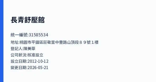 長青舒壓館的照片-統編 31585534(桃園市) 公司登記資料與營業項目詳細圖表